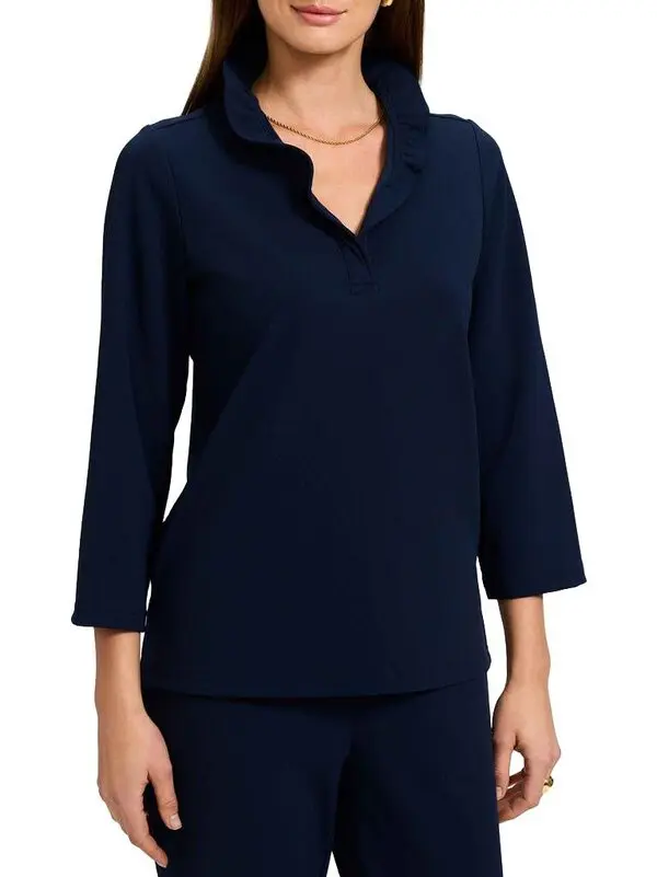 Foxcroft Tammy Ruffle Collar Crepe Top - Navy