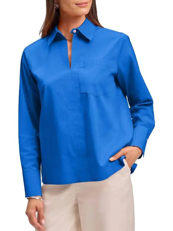 Foxcroft Bella Solid Popover Top - Cobalt Blue