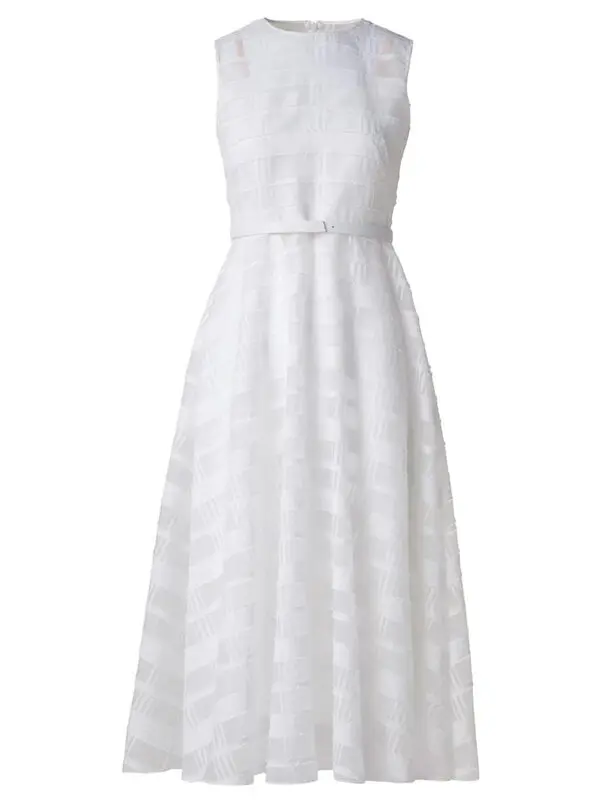 Akris Check Silk Organza Midi A-line Dress - Ecru