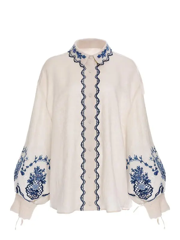 Agua Bendita Abadía Embroidered Linen Blouse - Multi