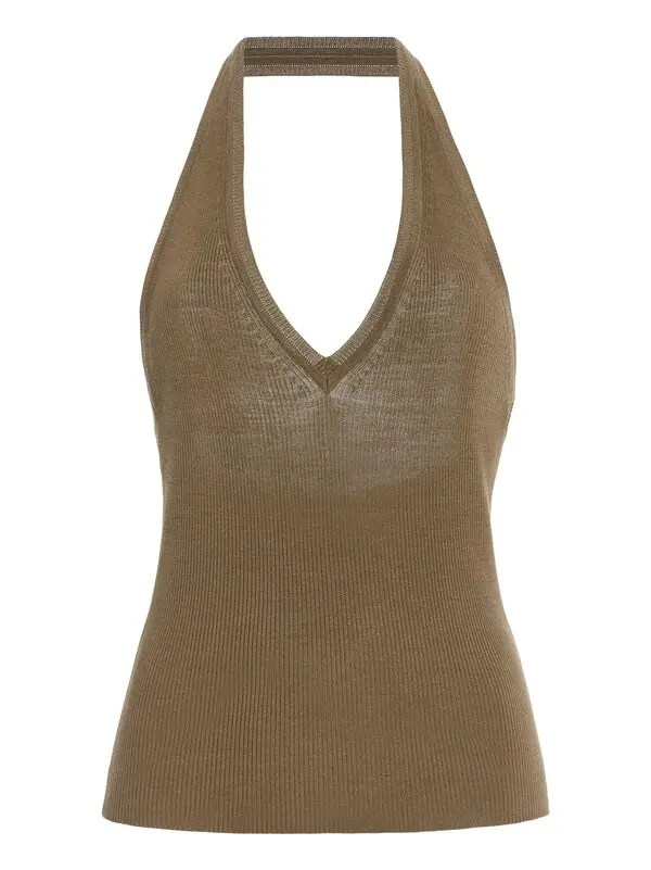 NILI LOTAN Ivey Knit Silk Halter Tank Top - Green