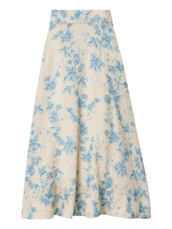 Agua Bendita Bergamota Bougainvillea Embellished Floral-print Linen Midi Skirt - Blue