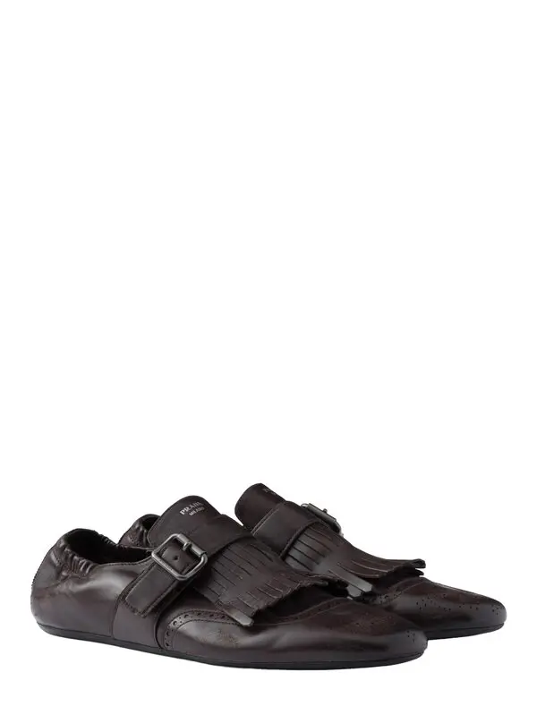 Prada Shuffle Fringed Monk Strap Shoes - Brown
