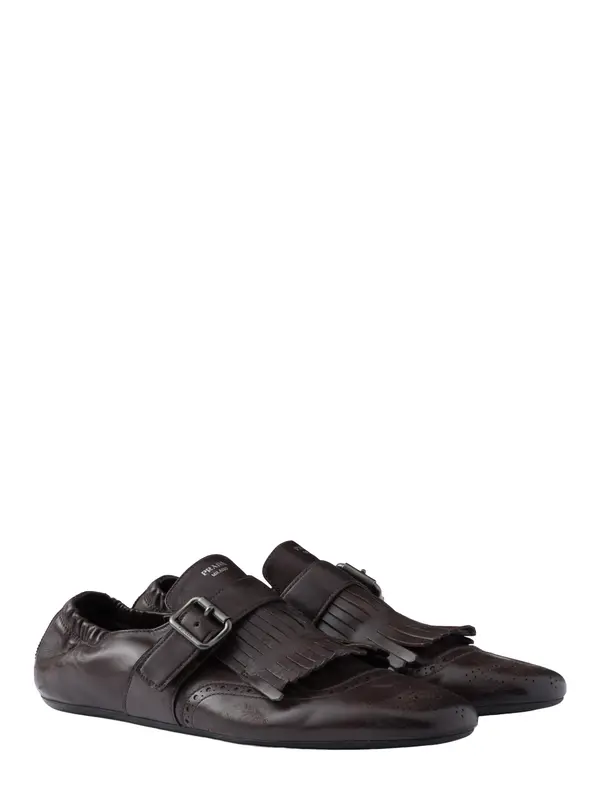 Prada Shuffle Fringed Monk Strap Shoes - Ebony