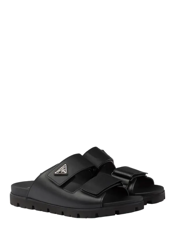 Prada Leather Strap Slides - Black