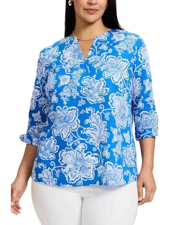 Foxcroft Vena Print Top - Cobalt Blue/ White