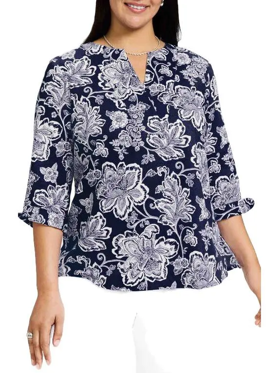 Foxcroft Vena Print Top - Navy/ White