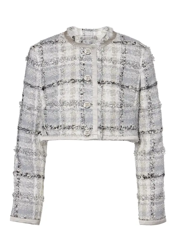 Dolce & Gabbana Checked Cropped Lamé Tweed Jacket - Grey
