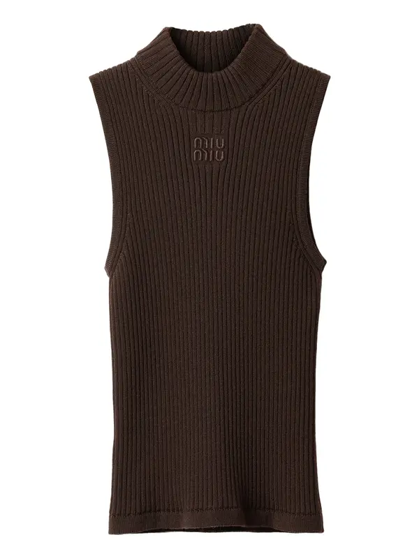 Miu Miu Ribbed Knit Wool Turtleneck Top - Cocoa Brown