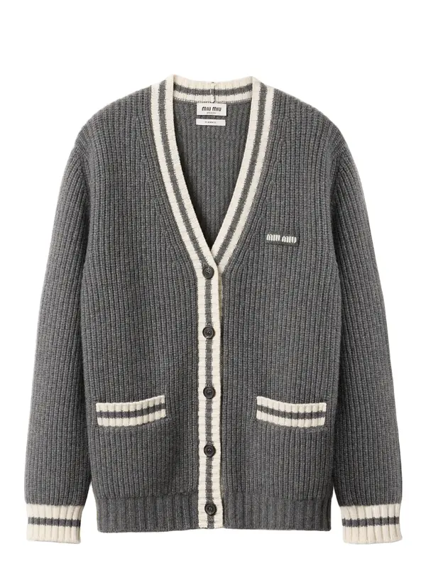 Miu Miu Ribbed Knit Wool And Cashmere Cardigan - Slate Gray