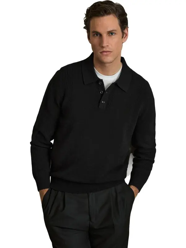 REISS Kingsley Wool Textured Long Sleeve Polo Shirt - Black