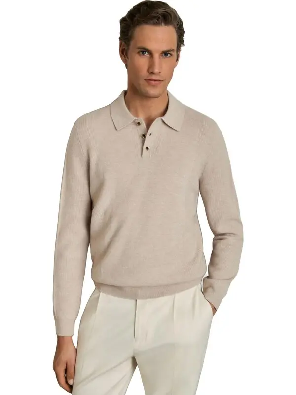 REISS Kingsley Wool Textured Long Sleeve Polo Shirt - Oatmeal