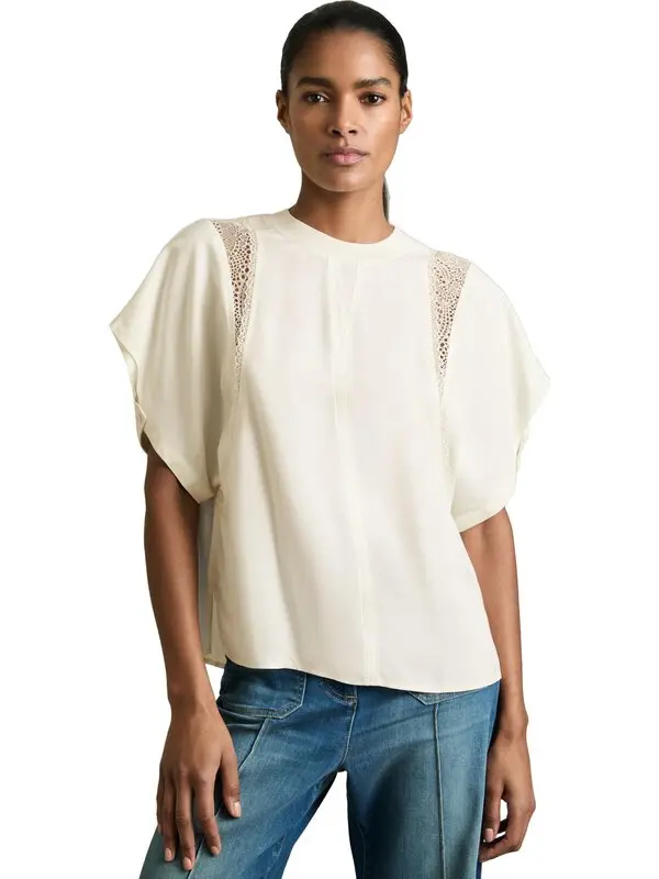 REISS Harlowe Lace-insert T-shirt - Cream