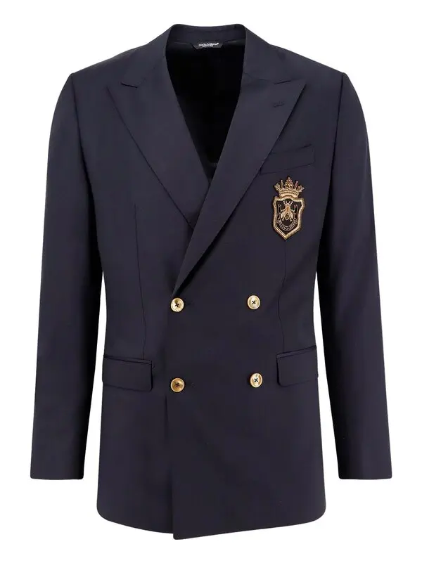 Dolce & Gabbana Stretch Virgin Wool Blazer With Frontal Logo Patch - Blue