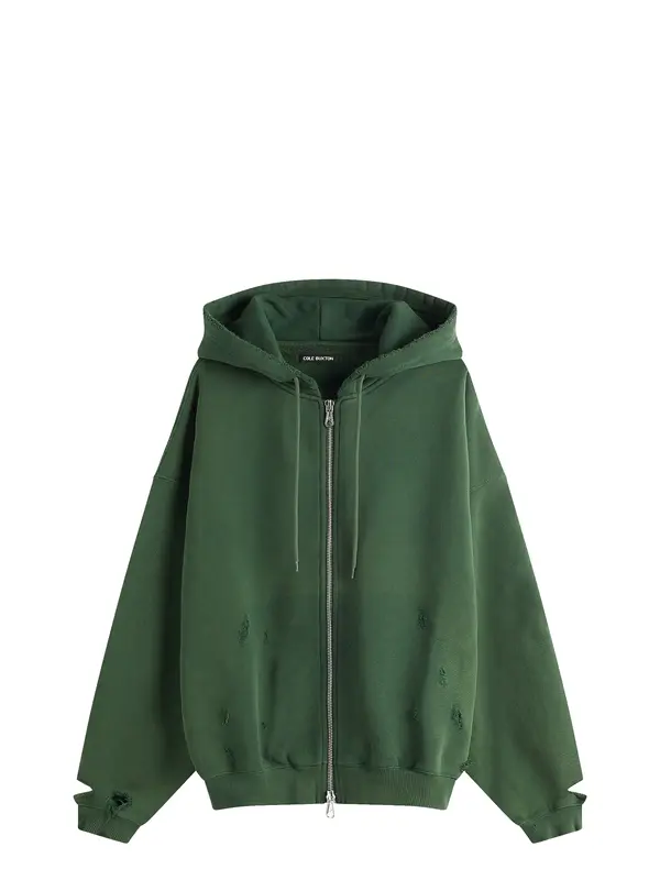 COLE BUXTON Distressed Removed Pocket Zip Hoodie - Washed Forest Green