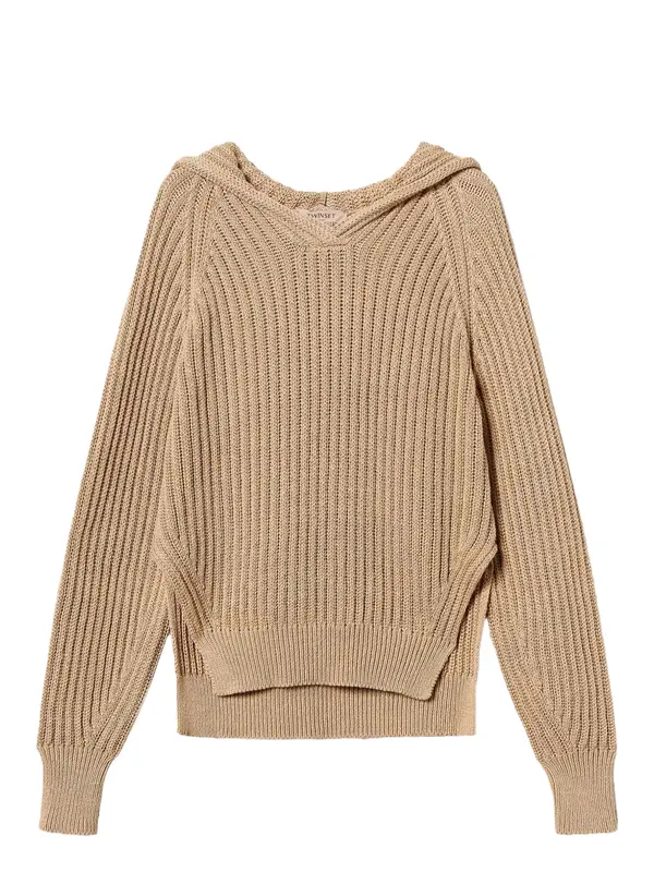 TWINSET Ribbed-knit Hooded Sweater - Brown