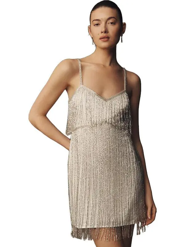 Bhldn Rhinestone Fringe Mini Dress - Ivory