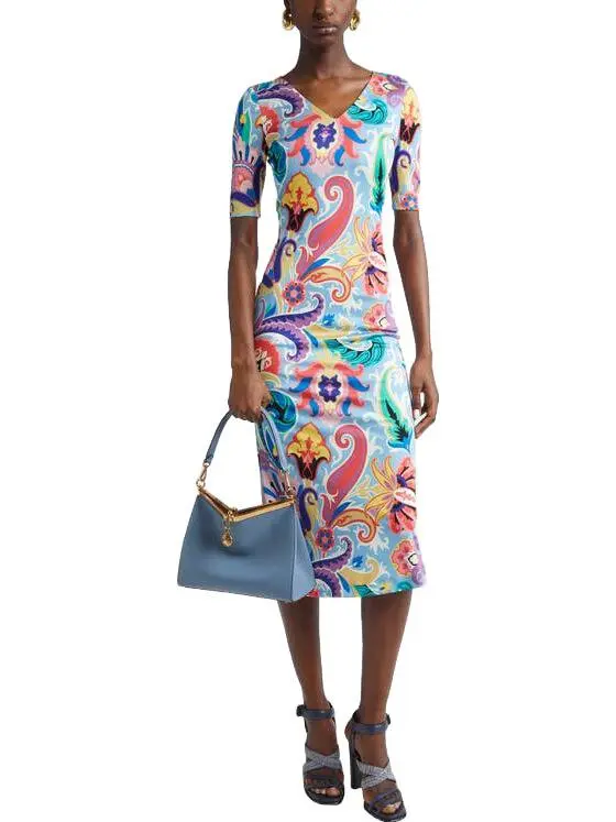 Etro Paisley Print Stretch Jersey Midi Dress - Stampa F.do Blu