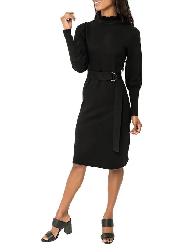GIBSONLOOK Belted Mock Neck Sweater Dress - Black