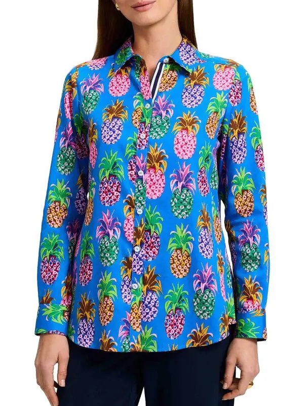 Foxcroft Zoey Pineapple Print Cotton Shirt - Blue Multi