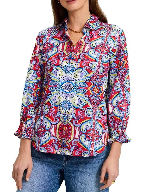 Foxcroft Olivia Smocked Cuff Cotton Shirt - Red/ Multi
