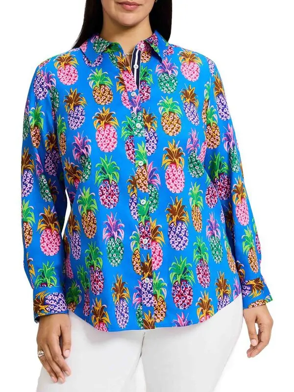 Foxcroft Zoey Pineapple Print Cotton Shirt - Blue Multi