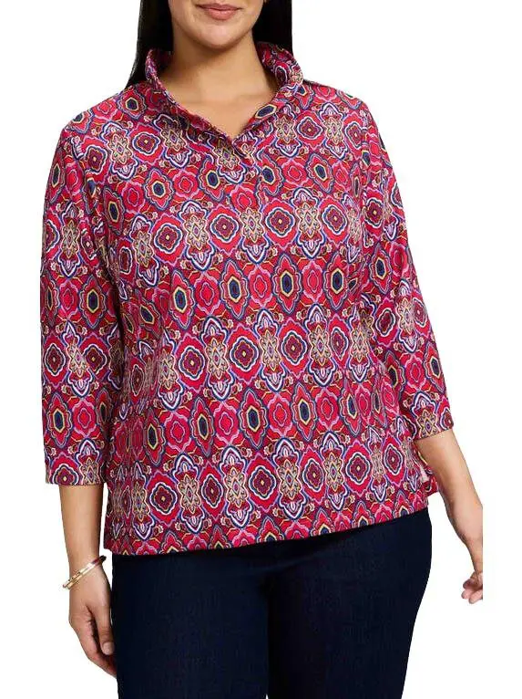 Foxcroft Tammy Tile Print Jersey Top - Red/ Multi