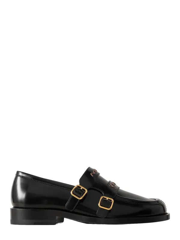 Marni Buckled Embroidered Leather Loafers - Black