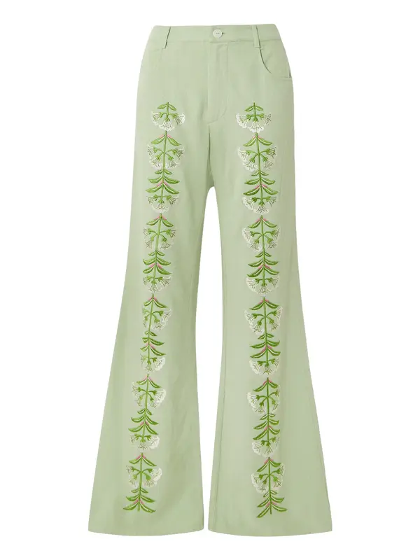Alix Of Bohemia Charlie Embroidered Silk Flared Pants - Green
