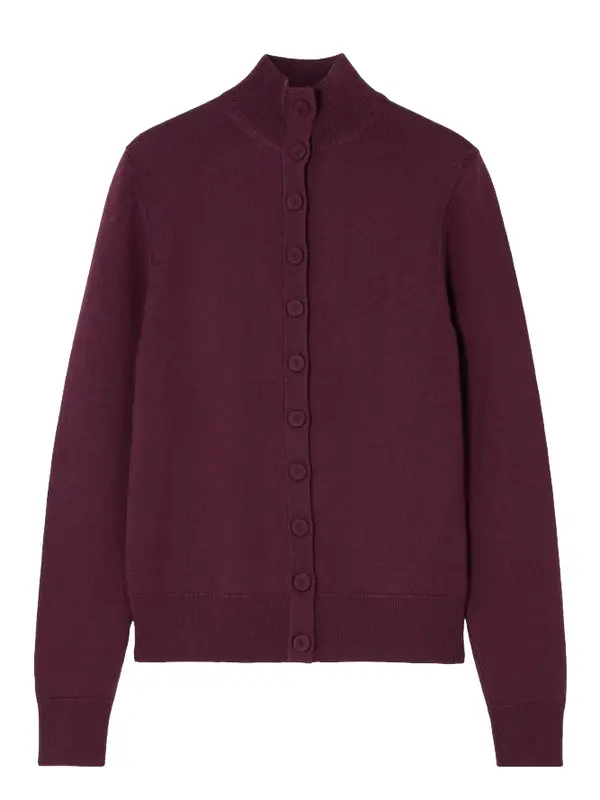 Another Tomorrow Wool Turtleneck Cardigan - Burgundy