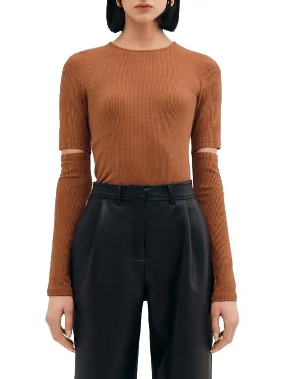 MARCELLA Stockholm Slit Sleeve Rib Top - Cinnamon Brown
