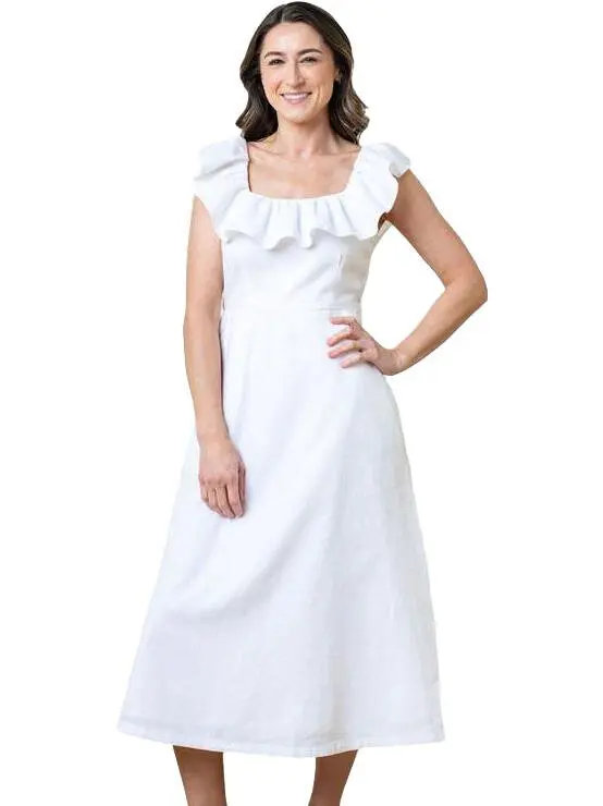 HOPE & HENRY Linen Ruffle Collar Dress - White Ruffle Collar
