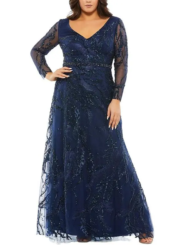 Mac Duggal Embellished Illusion Long Sleeve V-neck A-line Gown - Midnight