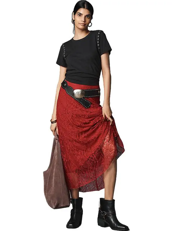 Anthropologie Asymmetric Drop-waist Lace Midi Skirt - Cabernet