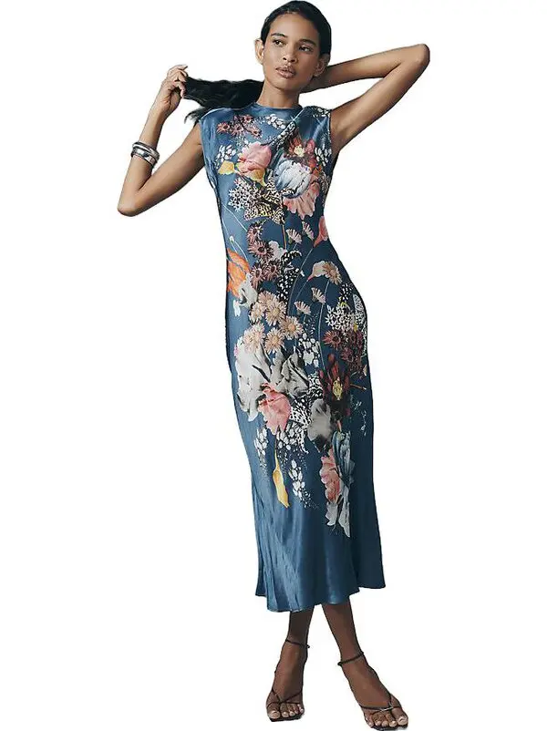 Maeve Mock-neck Midi Slip Dress - Blue Floral