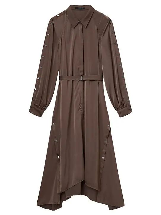 ALLSAINTS Lexi Asymmetric-hem Belted Woven Midi Dress - Pot Brown