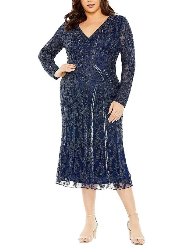 Mac Duggal Plus Long Sleeve Embellished Gown - Midnight