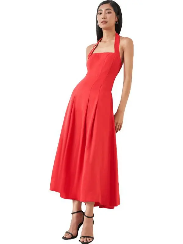 Yumi Kim Joanna Linen Halter Neck Midi Dress - Red