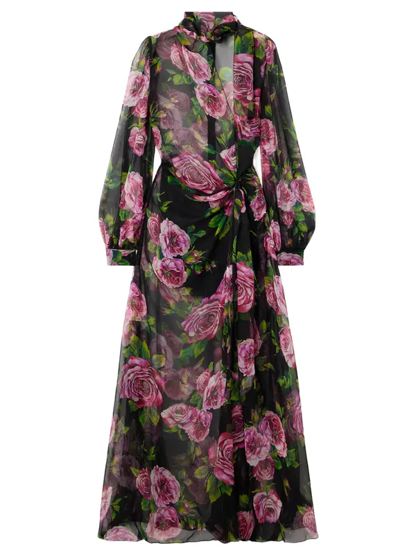 Dolce & Gabbana Pussybow Wrap-effect Floral-print Maxi Dress - Black