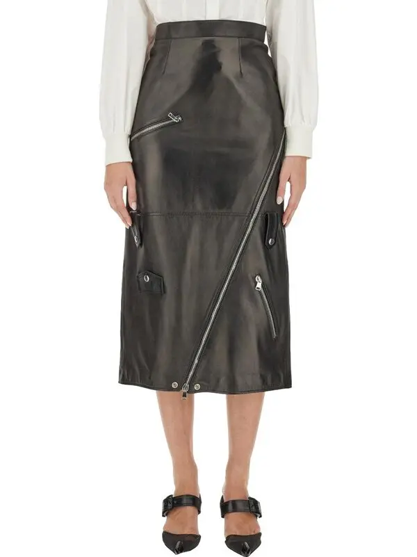 Alexander McQueen Midi Leather Skirt - Black