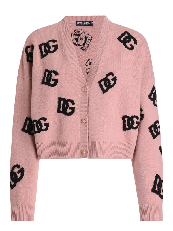 Dolce & Gabbana Cropped Wool Cardigan With Dg Logo - Pink