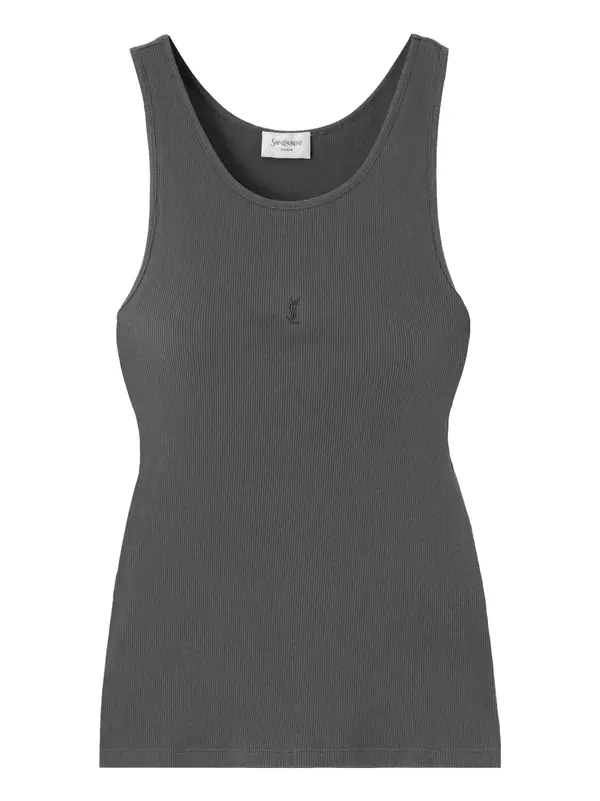 Saint Laurent Cassandre Embroidered Ribbed Tank - Gray