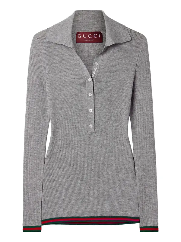 Gucci Striped Ribbed Cashmere And Silk-blend Polo Shirt - Gray