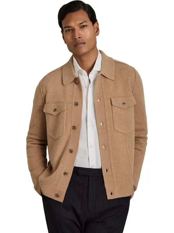 REISS Flinch Wool Knitted Jacket - Camel Melange