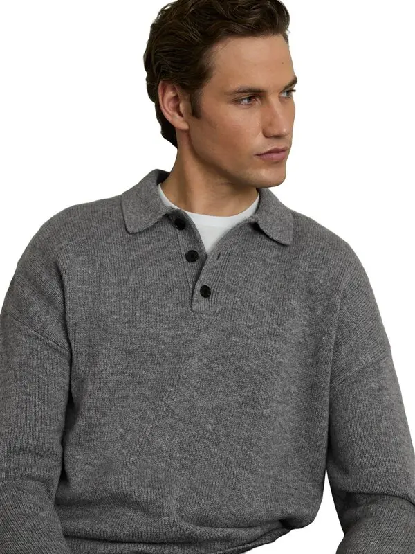 REISS Jacob Wool Blend Long Sleeve Polo Shirt - Grey Melange