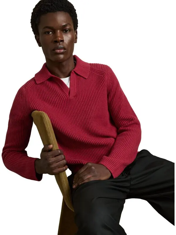 REISS Kingston Rib Knit Open Collar Polo Shirt - Red