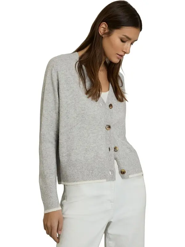 REISS Abigail Tipped V-neck Wool And Cashmere Cardigan - Grey/ivory
