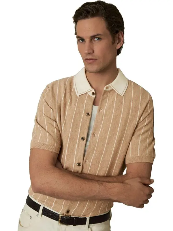 REISS Worthy Wool Striped-knit Short-sleeve Shirt - Camel