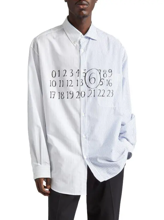 MAISON MARGIELA Numeric Motif Stripe Asymmetric Cotton Poplin Shirt - Stripes White/beige/blue