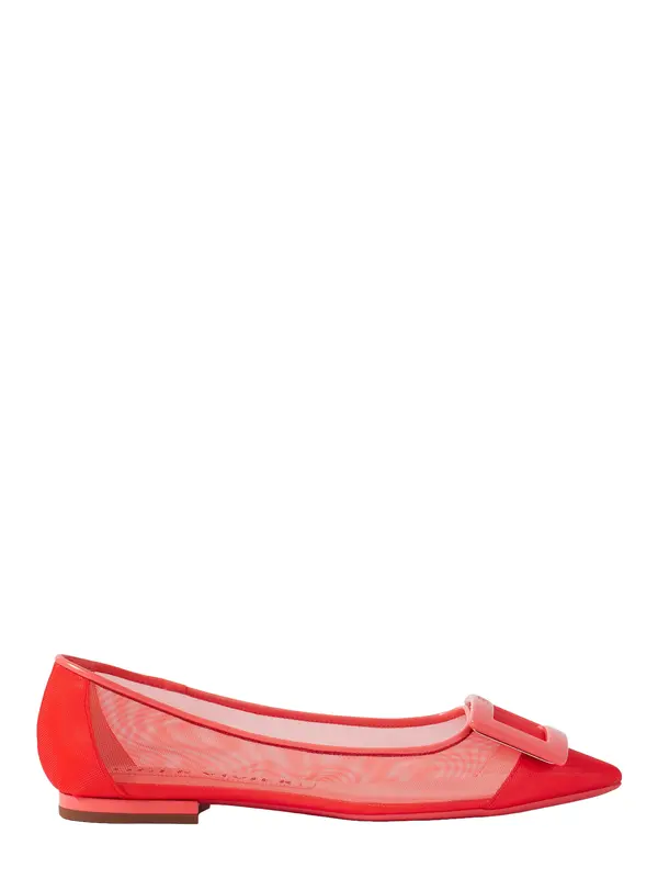 ROGER VIVIER Gommettine Buckled Patent Leather-trimmed Mesh Ballet Flats - Red